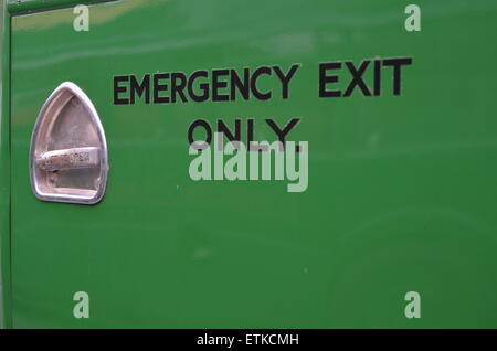 Bus emergency exit door with sign, Nottinghamshire, England, UK Stock ...