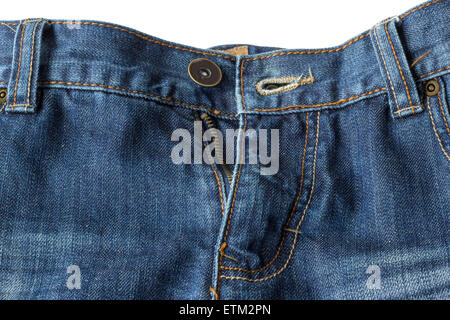 Close-up of unzipped and unbuttoned blue denim jeans isolated on white ...