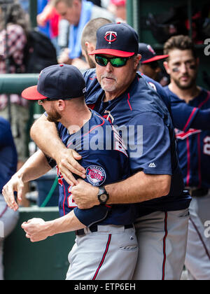 Minnesota Twins' Shane Robinson (21) celebrates the team's 4-3 win in ...
