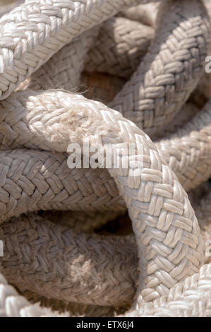 coiled woven strong rope secure and slightly frayed smaller fibers on ...