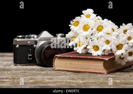 Photo camera, daisies and a book Stock Photo - Alamy
