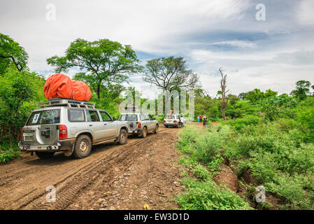 SUV cars on an expedition in the rainforest of southern Ethiopia Stock ...