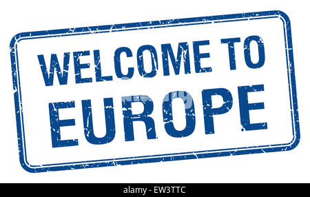 welcome to europe blue square grunge stamp Stock Photo - Alamy
