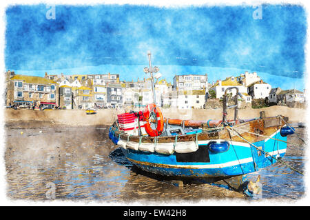 Fishing boat in a bay. Watercolor on paper Stock Photo - Alamy