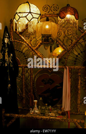 Fringed shades on lamps on Edwardian bamboo dressing table Stock Photo ...