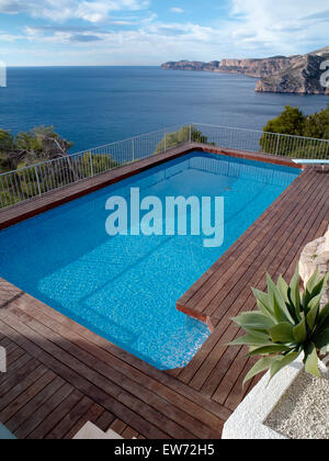 Birdseye view of turquoise swimming pool with with diving board and ...