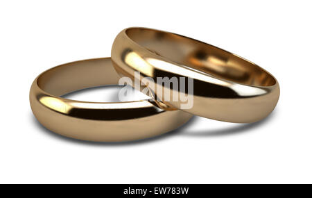 A pair of white wedding rings resting on an isolated white suface ...