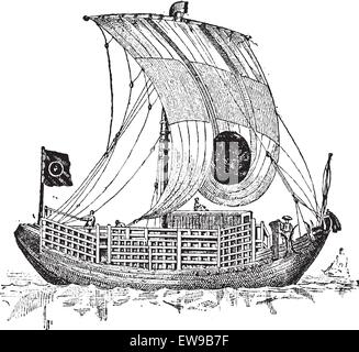 Engraving of a Chinese Junk, an ancient Chinese sailing ship design ...