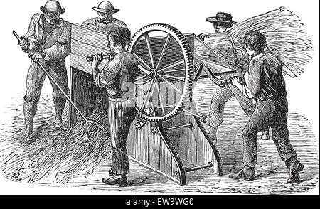 Old engraved illustration of thresher machine (Hornsby). Industrial ...