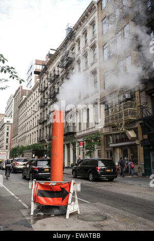 Steam vapor vented, New York City Church, Fulton street, orange vapour ...