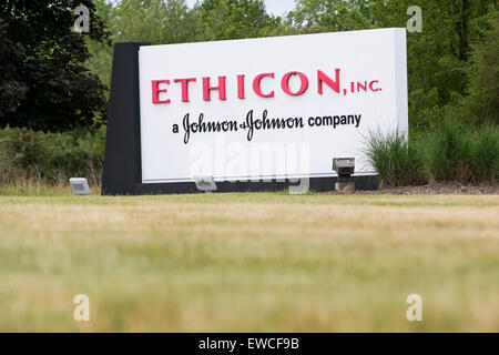 A logo sign outside of the headquarters of Ethicon, Inc., in Somerville ...
