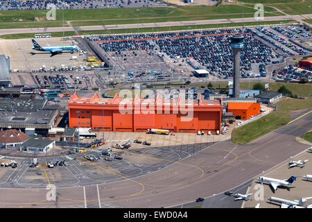 LUTON AIRPORT AIRFIELD, AERIAL VIEW OVERHEAD WITH THOMSON AIRWAYS BLUE ...