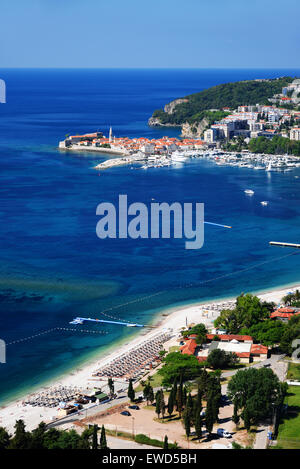 Aerial view of Budva Montenegro beach with sunshades and swimmers Stock ...