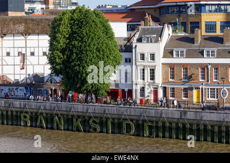 People on Bankside, the River Thames waterfront in front of Shakespeare ...