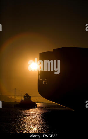 containership and tug at sunset Stock Photo - Alamy