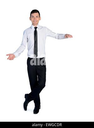 Young man presenting your product, isolated over a white background ...