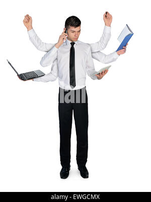 Business, man and stress with hands for multitasking with technology ...