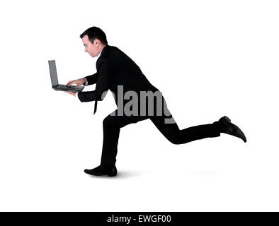 Isolated business man run with laptop Stock Photo - Alamy