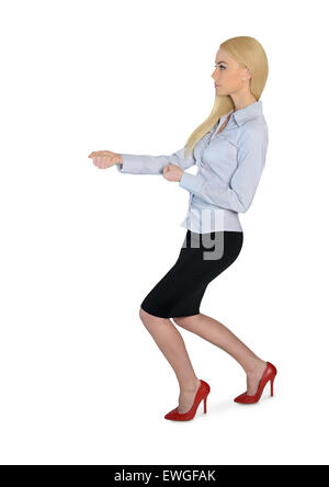 Isolated business woman pull something Stock Photo - Alamy