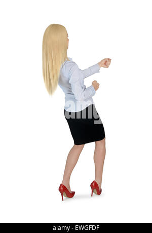 Isolated business woman pull something Stock Photo - Alamy