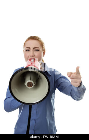 business woman calling out with a loudspeaker Stock Photo - Alamy
