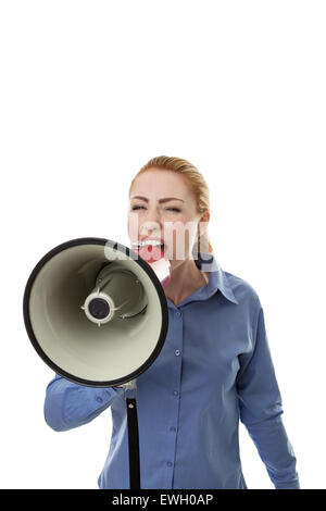 business woman calling out with a loudspeaker Stock Photo - Alamy