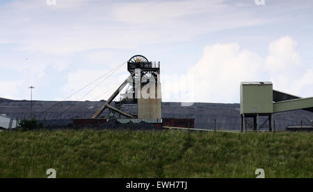 Pit wheel at entrance to Thoresby Colliery near village of Edwinstowe ...