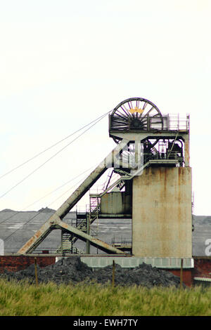 Pit wheel at entrance to Thoresby Colliery near village of Edwinstowe ...