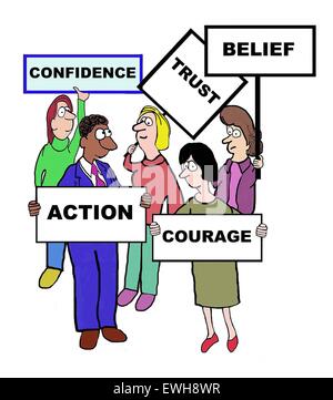 Business cartoon of businesspeople holding signs on 'motivate: inspire ...