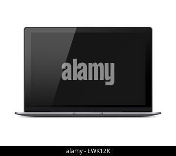 Modern glossy laptop with black screen, reflection and shadows isolated ...