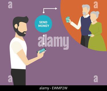 Vector concept illustration of mobile money transfer. Two smartphones ...
