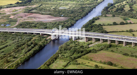 An aerial view of the M6 Motorway Thelwall Viaduct, over the Manchester ...
