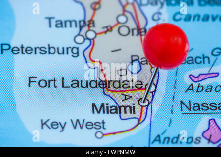 Miami map. Miami pin map. Close up of Miami map with red pin. Map with ...
