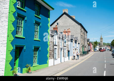 Stalls in Machynlleth market town on weekly market day held on ...