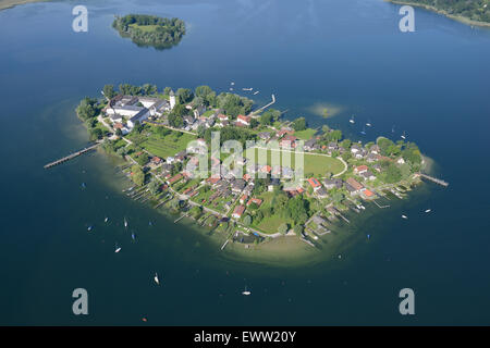 AERIAL VIEW. Frauenchiemsee (also known as Fraueninsel) Island. Lake ...