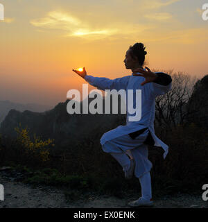 Taoist monk practicing Wudang martial arts at Wudang Mountains, China ...