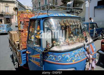 Ape Piaggio vans painted with typical decorations of Sicilian popular ...