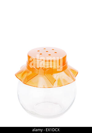 A closeup shot of a small glass jar with a cork lid isolated on a white ...