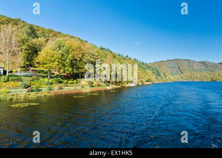 Lake Rursee Obersee shore with blue sky and sunlight in summer Stock ...