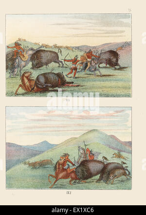 Native American Indians buffalo hunting in the great plains with bows ...