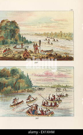 Native American canoe race on a western river. Hand-colored woodcut ...