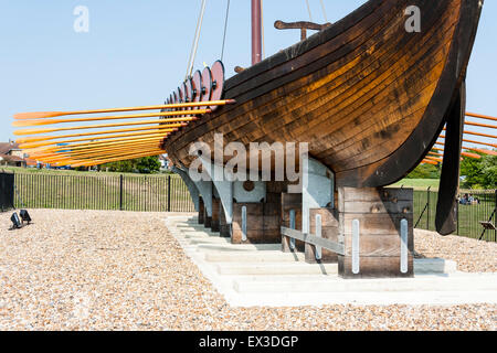 The Hugin, a reconstructed Viking ship, at Pegwell Bay, Ramsgate. Low ...