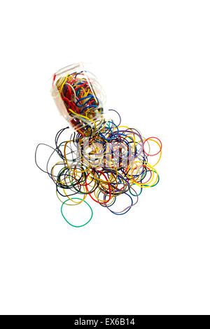 Coloured elastic rubber bands and container on white background Stock ...