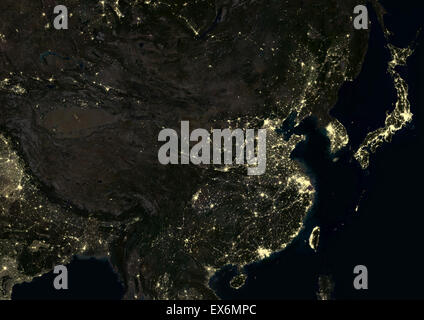 China at night in 2012. This satellite image with country borders shows ...