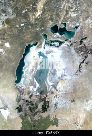Satellite view of the Aral Sea in 1990, 2000 and 2010. This image shows ...