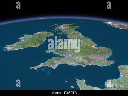 Satellite view of England and Wales, UK (with country boundaries). This ...