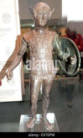 Etruscan, bronze votive statuette of a warrior with a shield, wearing ...
