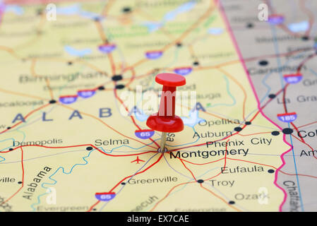 Montgomery map. Montgomery pin map. Close up of Montgomery map with red ...
