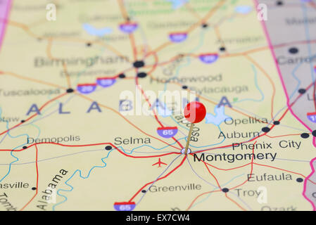 Montgomery map. Montgomery pin map. Close up of Montgomery map with red ...