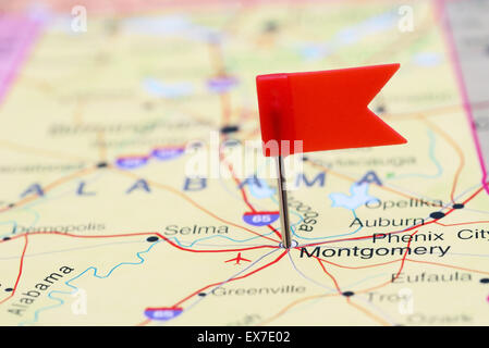Montgomery map. Montgomery pin map. Close up of Montgomery map with red ...